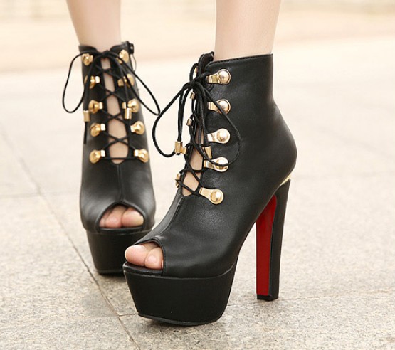 Lace Up Black Peep Toe Platform Boots on Luulla